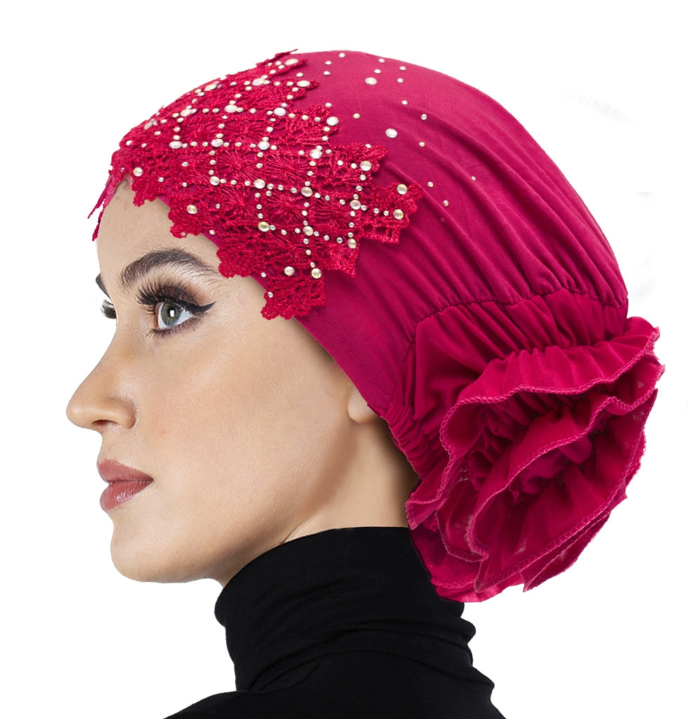 Hijab UnderCaps Elegant Ruffles, Lace & Rhinestone Snood Beanie ...